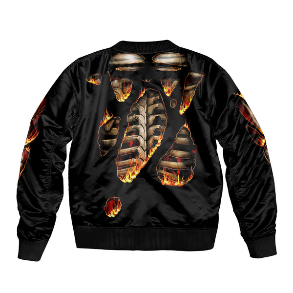 Flame Skull Sleeve Zip Bomber Jacket Flame Skeleton Inside My Body ...