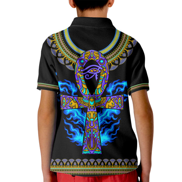 Egyptian Ankh Golden Blue Fire Kid Polo Shirt - Wonder Print Shop