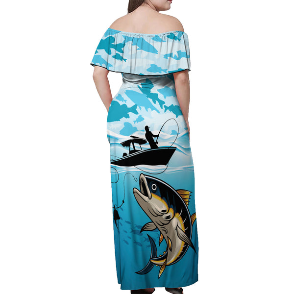 Tuna Fishing Off Shoulder Maxi Dress Fish Camouflage Pattern - Wonder ...