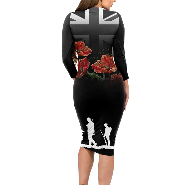 Remembrance Day Long Sleeve Bodycon Dress Lest We Forget Poppy Flower ...