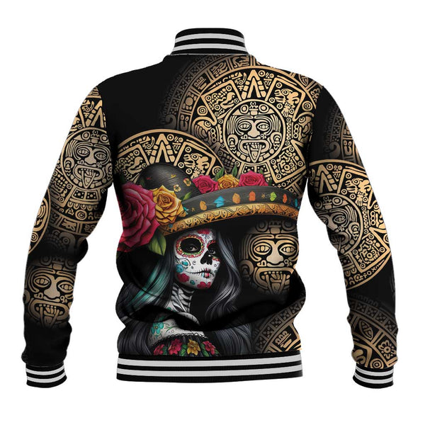 La Calavera Catrina Aztec Circle Baseball Jacket Dia de Muertos ...