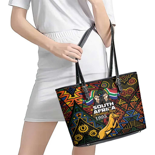 South African Heritage Day Leather Tote Bag Springbok African Pattern ...