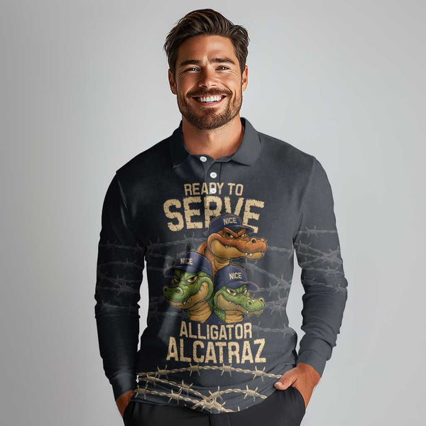 Ready To Serve Alligator Alcatraz Long Sleeve Polo Shirt - Wonder Print ...