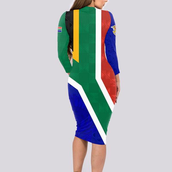 South Africa Springboks Long Sleeve Bodycon Dress with Kente Pattern ...