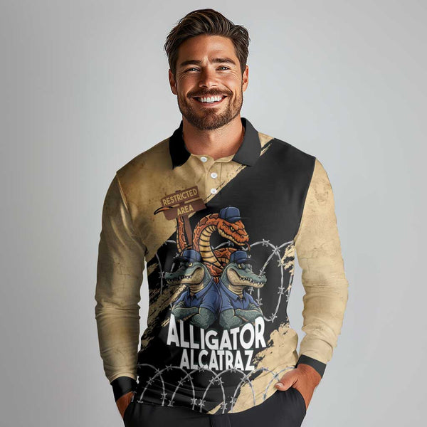 Alligator Alcatraz Long Sleeve Polo Shirt Gator and Python Restricted Area - Wonder Print Shop