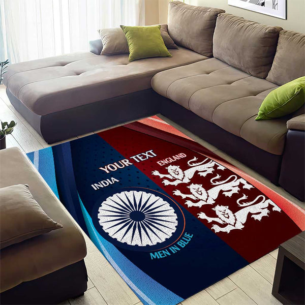 Custom India And England Cricket Area Rug 2025 Men In Blue Three Lions ...