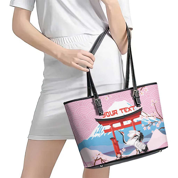 Japanese Torii Gate Cranes Personalised Leather Tote Bag Fuji Mount ...