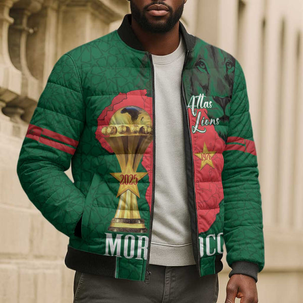 Morocco Football Custom Bomber Puffer Jacket Atlas Lions Champions ...
