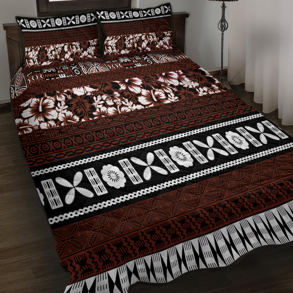 Bula Fiji Quilt Bed Set Fijian Tapa Masi With Hibiscus Flowers - Wonder ...