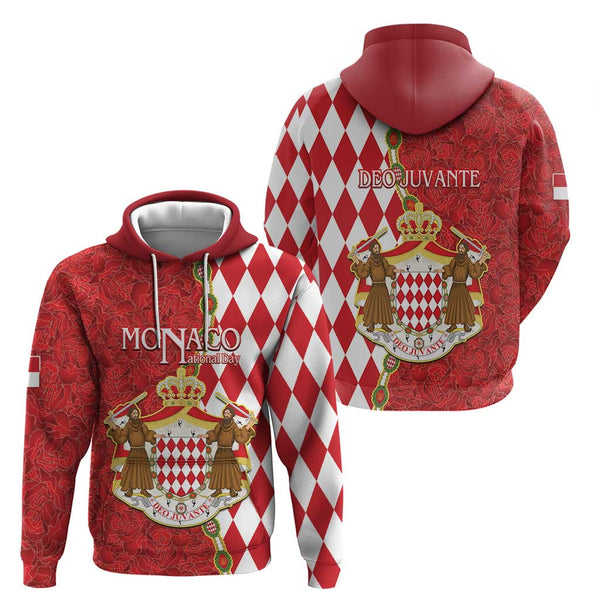 Monaco National Day Hoodie Coat Of Arms Mix Red Carnation Pattern ...