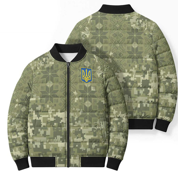 Ukraine Military Vyshyvanka Pattern Bomber Puffer Jacket Tryzub Emblem ...