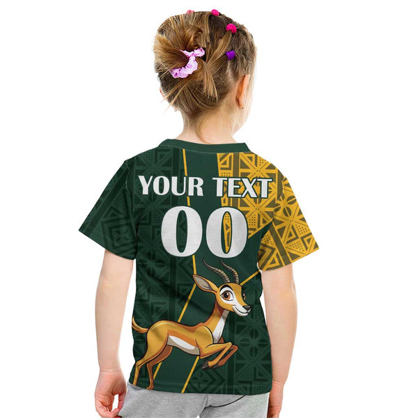 Custom South Africa Springbok Jumping Kid T Shirt With Kente Patterns ...