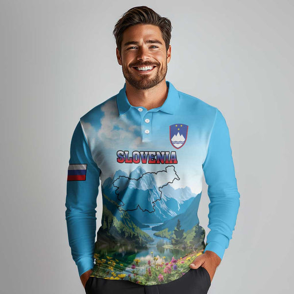 Slovenia Long Sleeve Polo Shirt Mount Triglav With Map - Wonder Print Shop