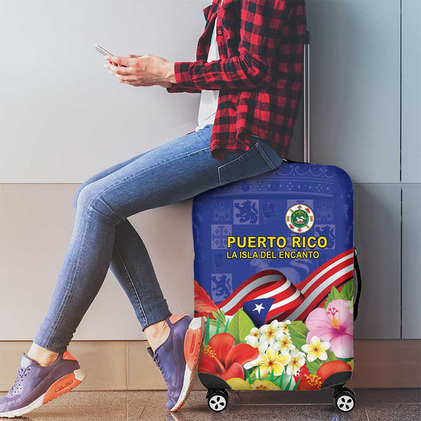 Puerto Rico Coat Of Arm Luggage Cover With Thespesia Grandiflora Flowers - Wonder Print Shop