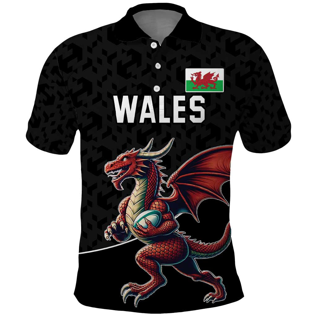 Custom Wales Rugby Polo Shirt Welsh Dragon Mascot Black Version ...