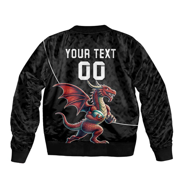 Custom Wales Rugby Sleeve Zip Bomber Jacket Welsh Dragon Mascot Black ...