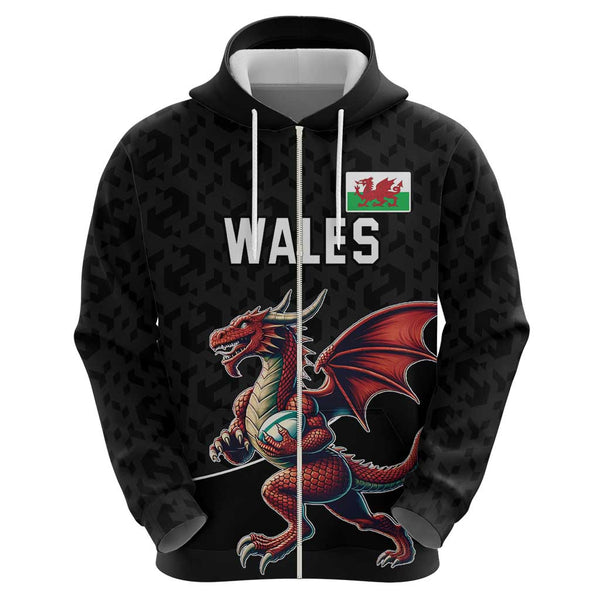 Custom Wales Rugby Zip Hoodie Welsh Dragon Mascot Black Version ...