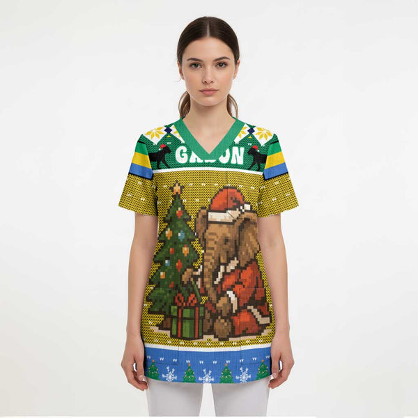 Gabon Christmas Scrub Top with Pixel Art Elephant Santa Christmas Tree ...