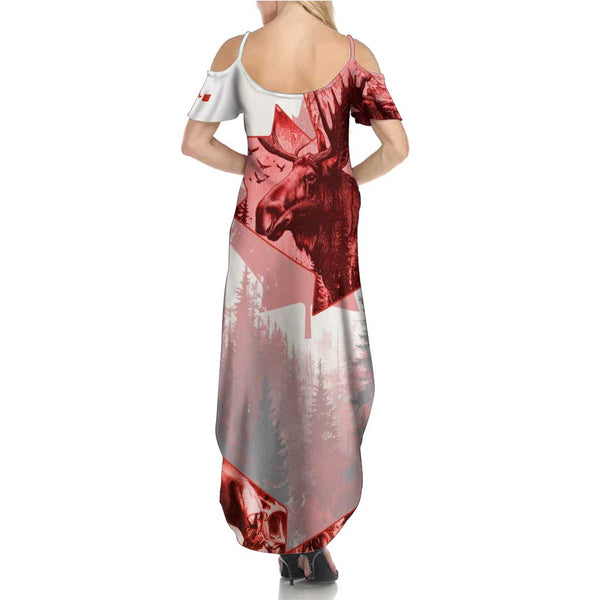 Canada Flag Summer Maxi Dress Caribou Design with National Symbol ...