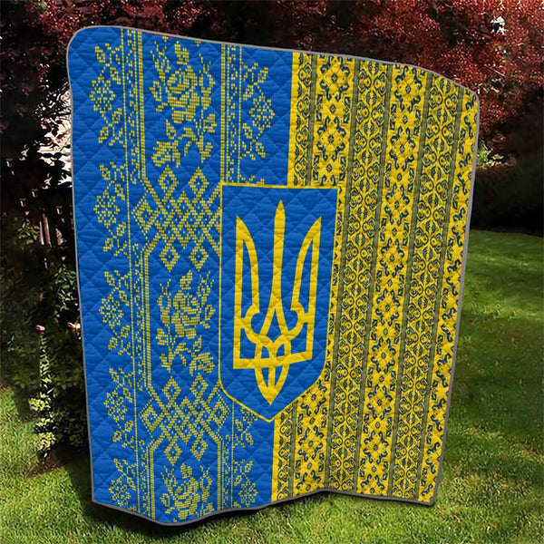 Ukrainian Flag Colors Quilt with Trident Crest and Traditional Folk ...