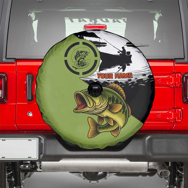Largemouth Bass Fishing Spare Tire Cover Fish On Text and Boat Scene in ...