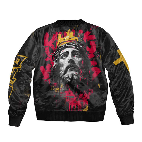 Jesus Graffiti Design Sleeve Zip Bomber Jacket Crowned Portrait and ...