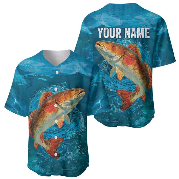 Personalized Redfish Puppy Drum Leaping in Ocean Splash Baseball Jersey ...