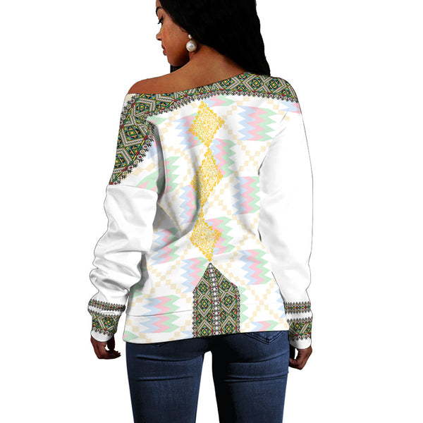 Eritrea Tilet Pattern Off Shoulder Sweater Eritrean Cross - White ...