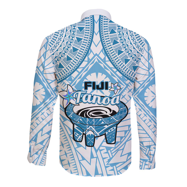 Fiji Tanoa Long Sleeve Button Shirt Kava Bowl Fijian Tapa Blue Pattern ...